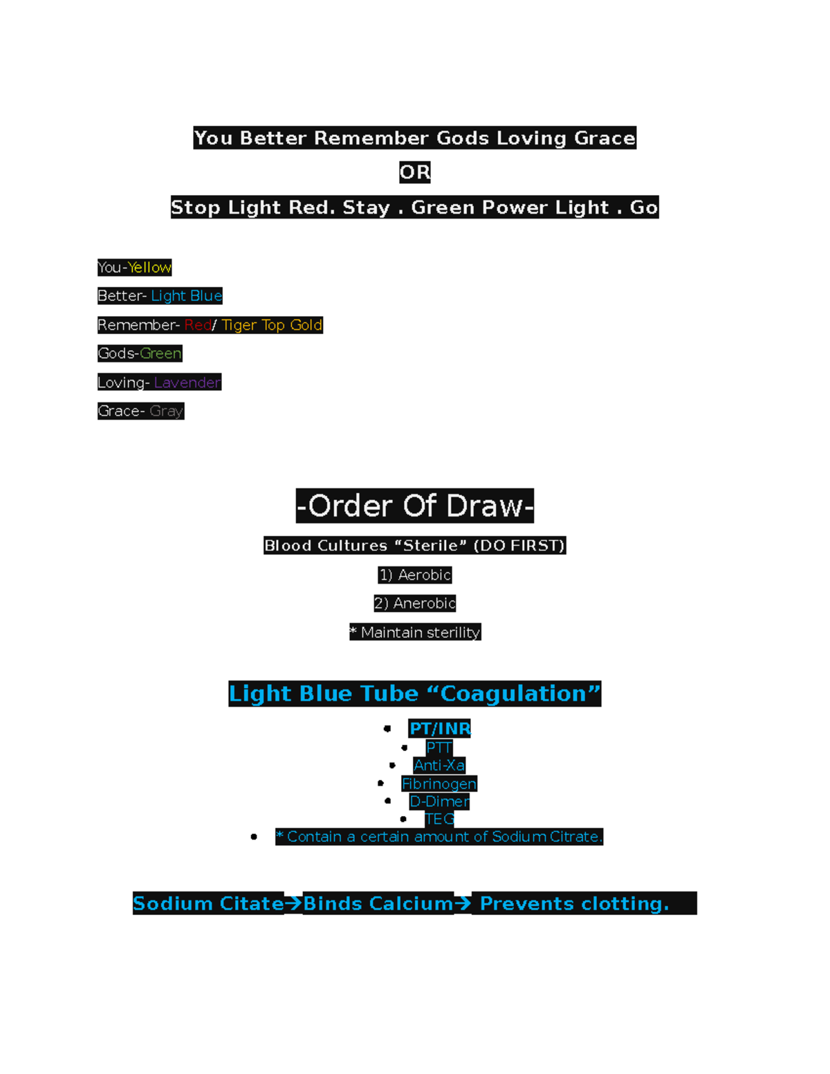 Phlebotomy Order of Draw and Additives Study Notes - Studocu