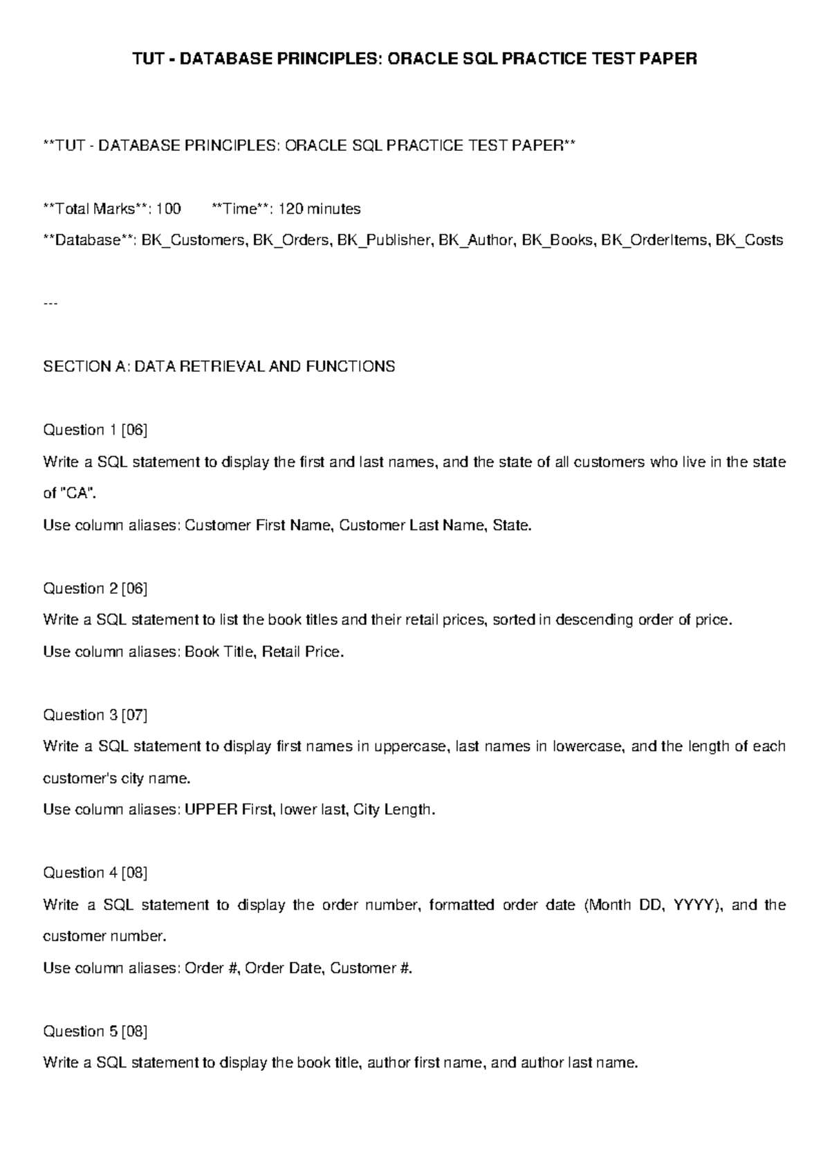 TUT DATABASE PRINCIPLES: ORACLE SQL PRACTICE TEST PAPER - Studocu