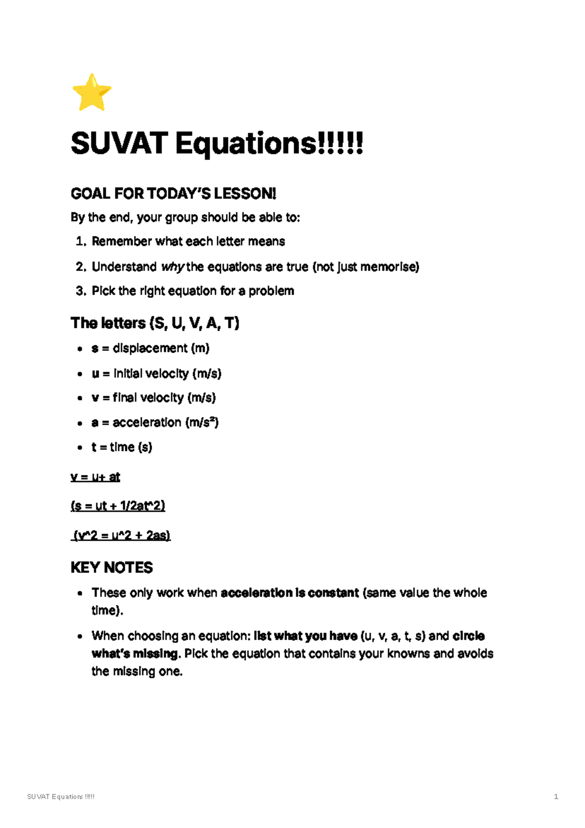 SUVAT Goals for Lesson: Understanding Equations and Applications - Studocu