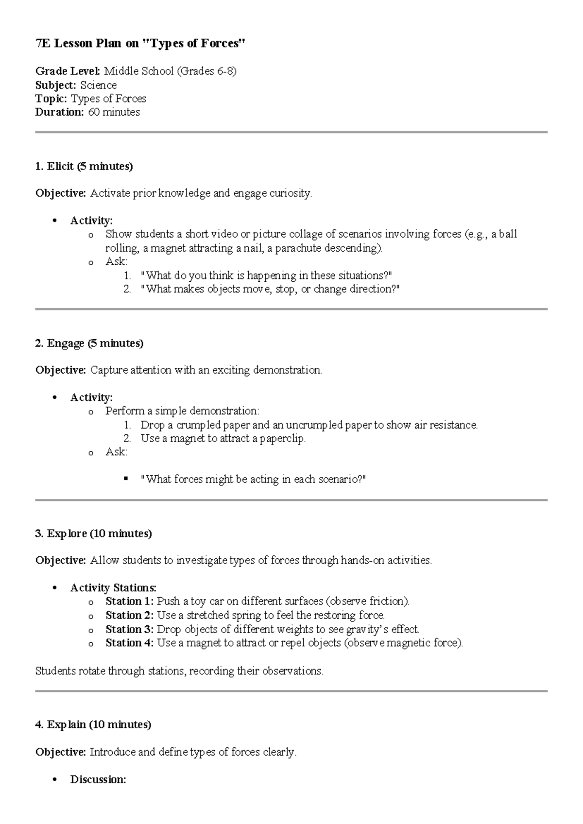 7E Lesson Plan: Understanding Types of Forces in Science 7 - Studocu