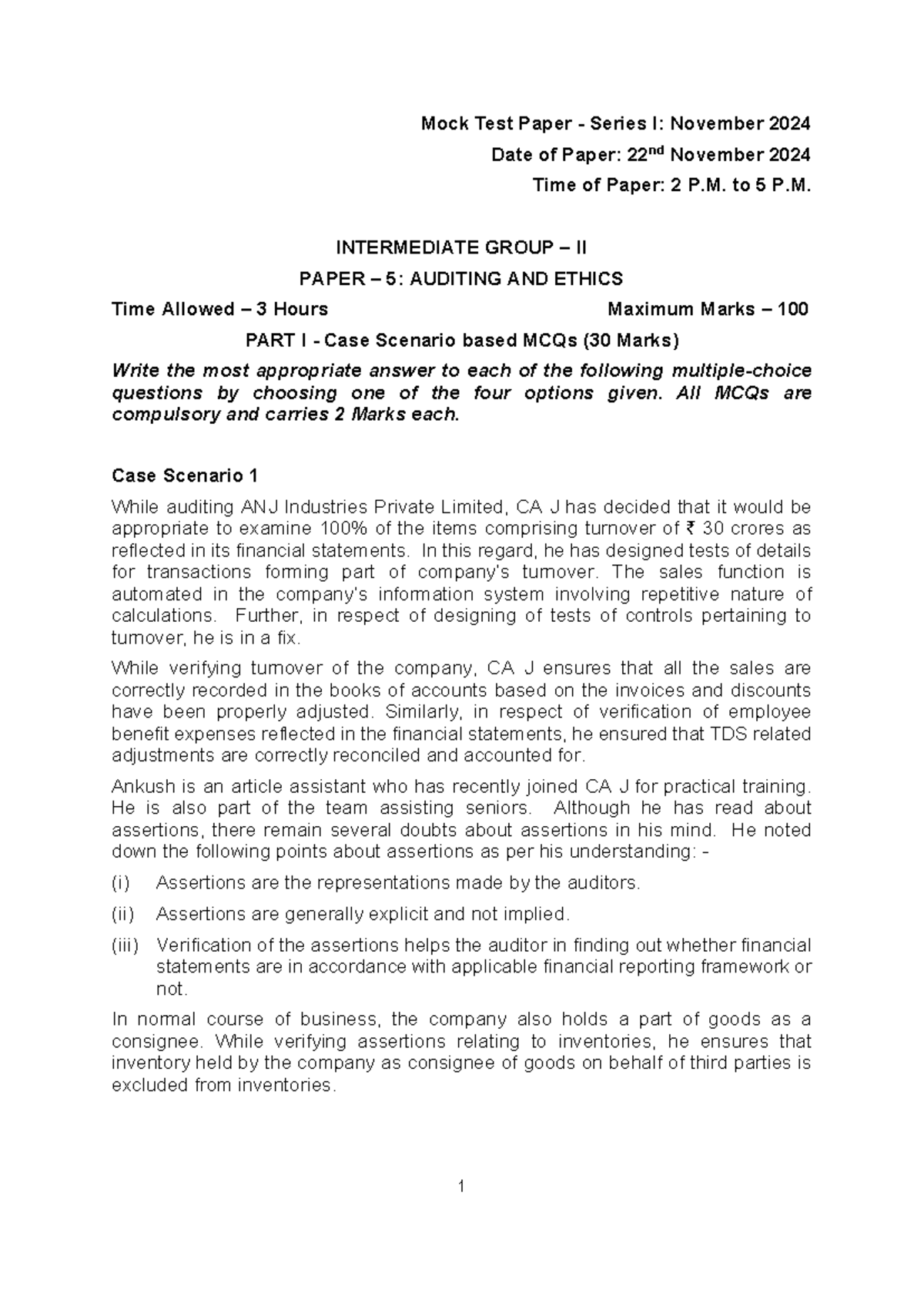 Mock Test Paper Series I: Auditing & Ethics - Intermediate Group II ...