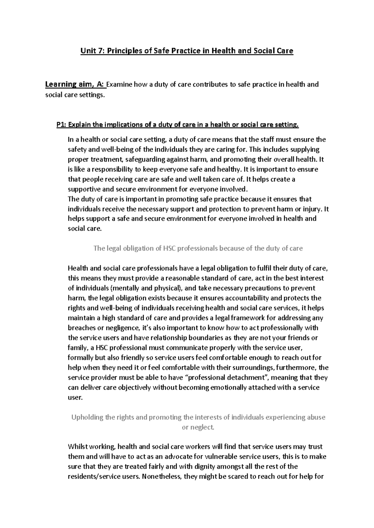 Unit 7: Safe Practice Principles in Health & Social Care (HSC) - Studocu