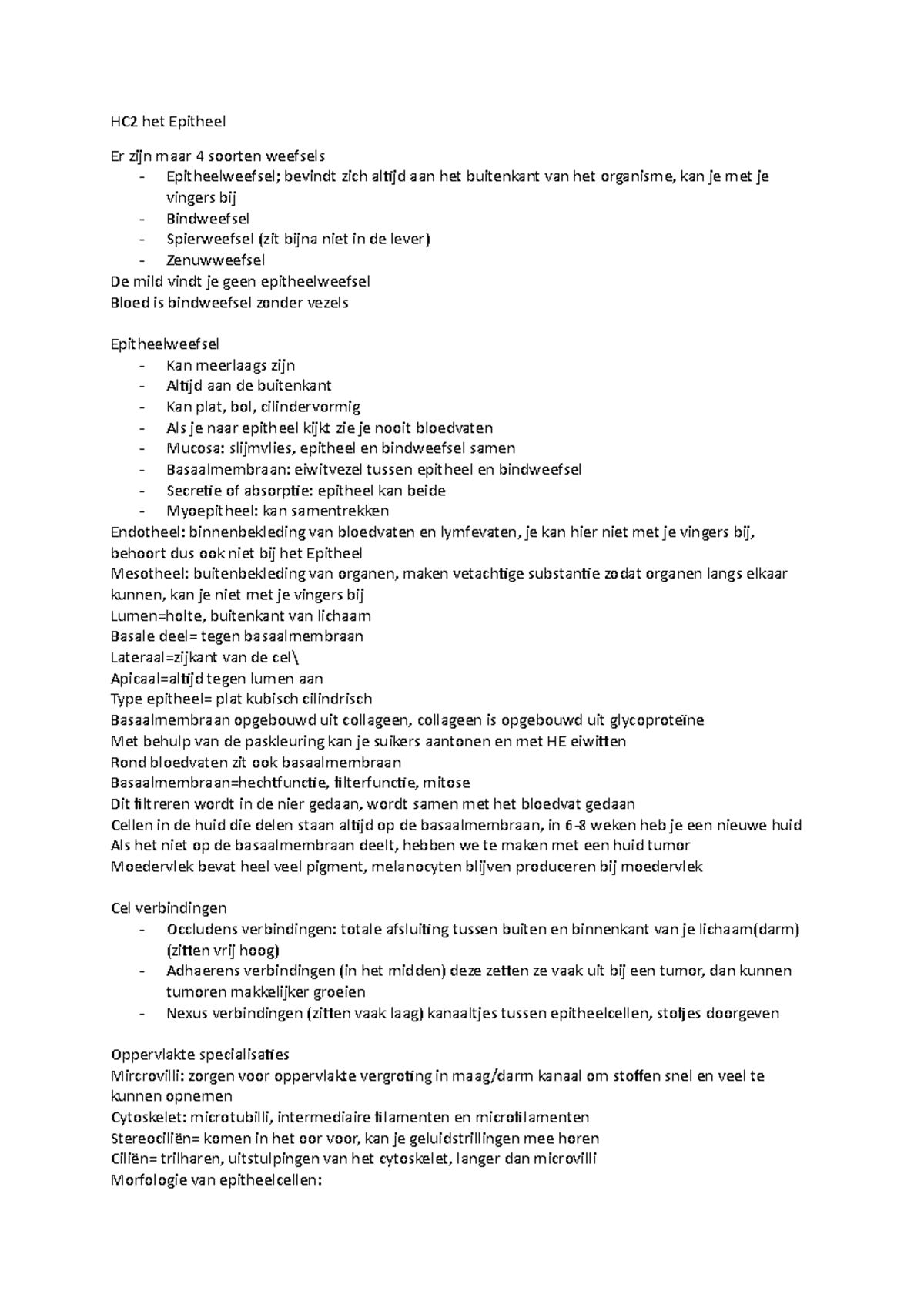 HC2 Epitheelweefsel - Basiskennis en Functies - Studeersnel