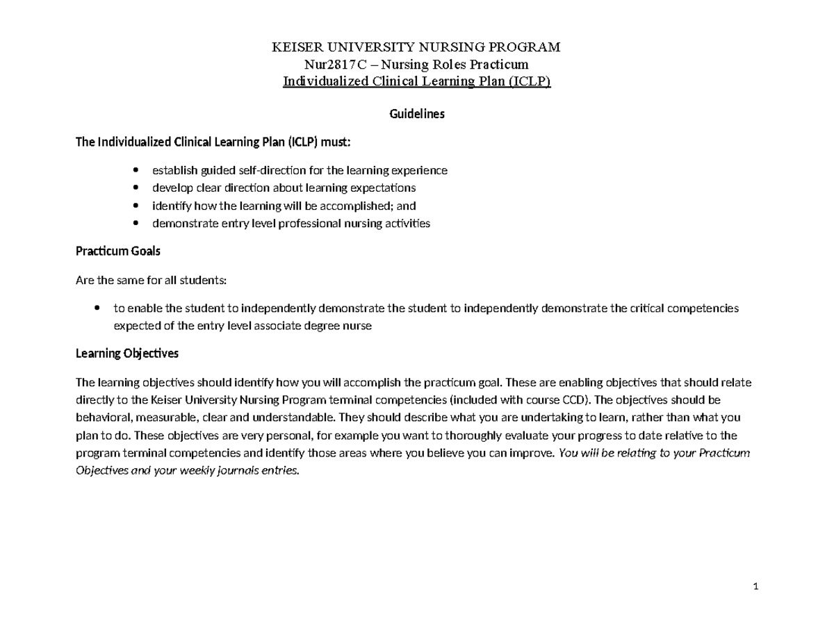 Nur2817C - Individualized Clinical Learning Plan for Nursing Practicum - Studocu