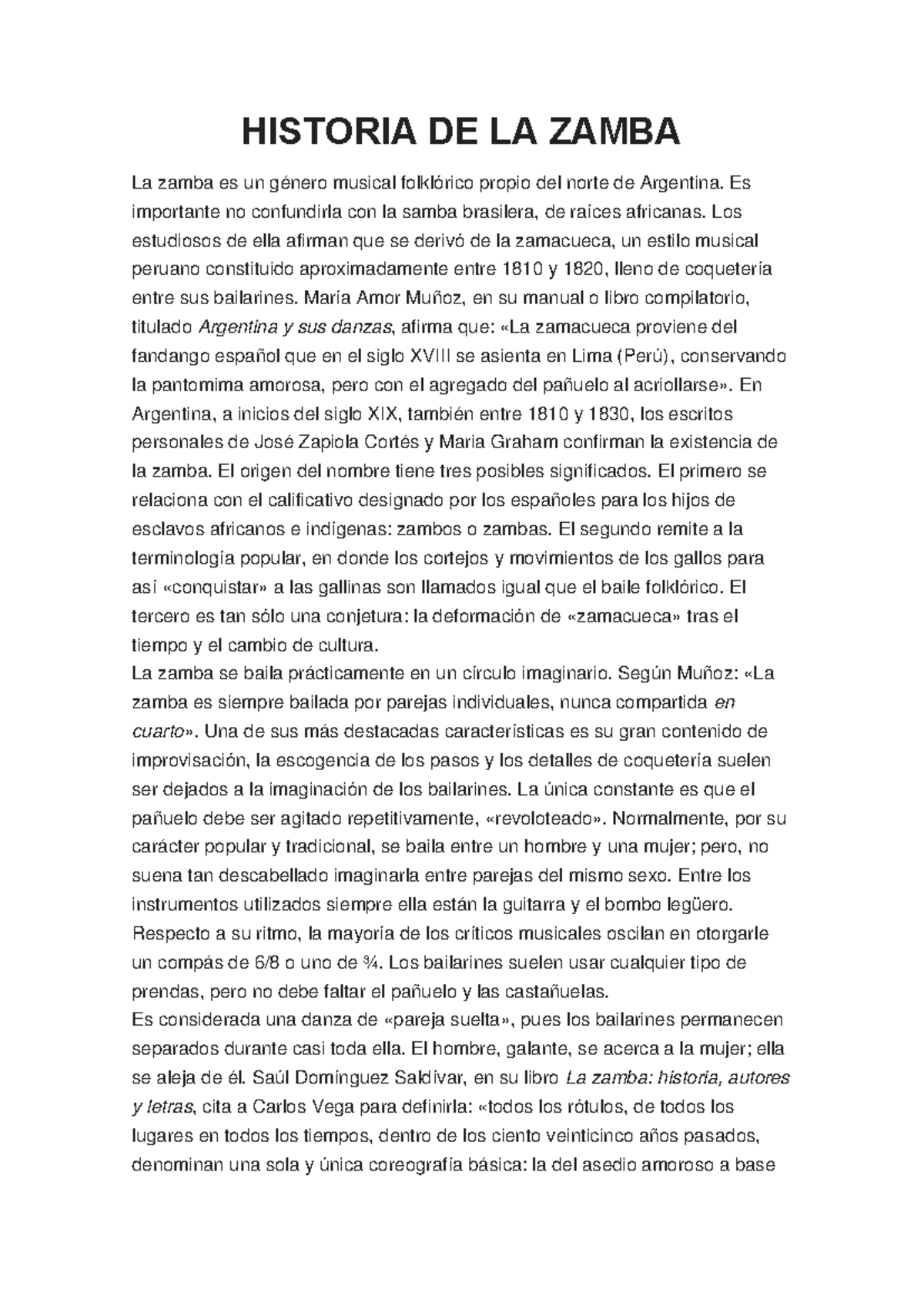 Historia de la Zamba - HISTORIA DE LA ZAMBA La zamba es un género ...