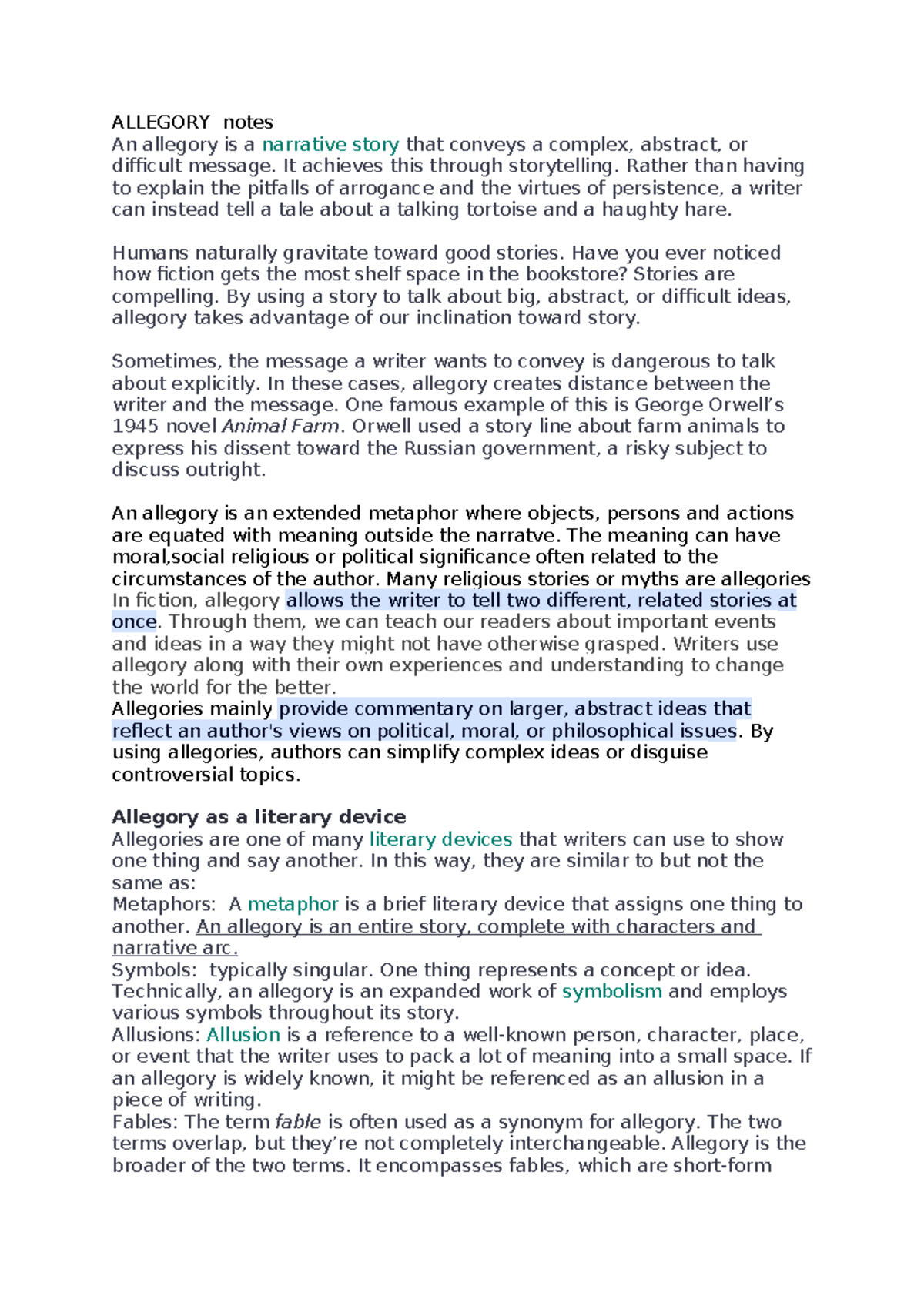 ALLEGORY Notes: Understanding the Literary Device and Its Impact - Studocu