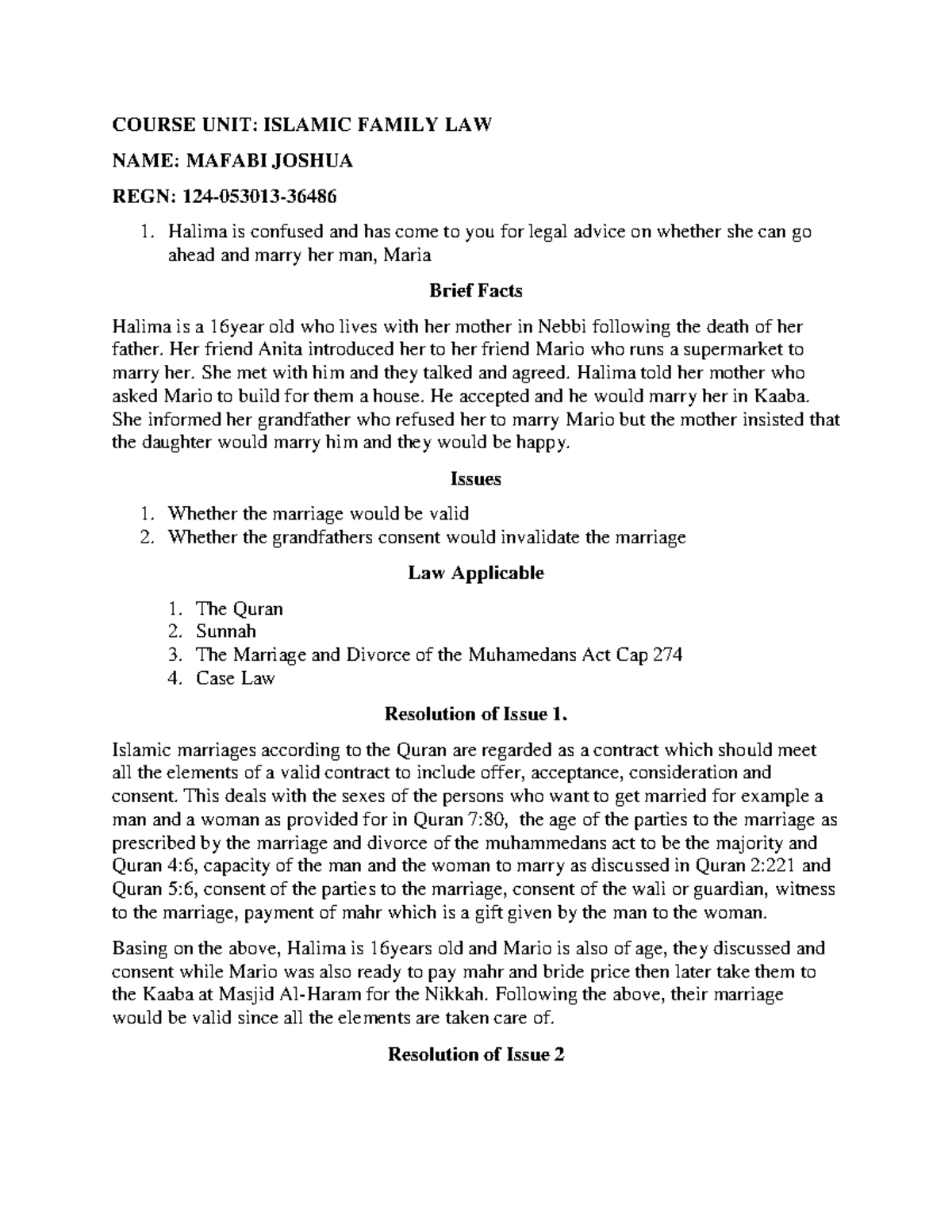 ISLAMIC FAMILY LAW: Validity of Halima's Marriage (ISL 101) - Studocu