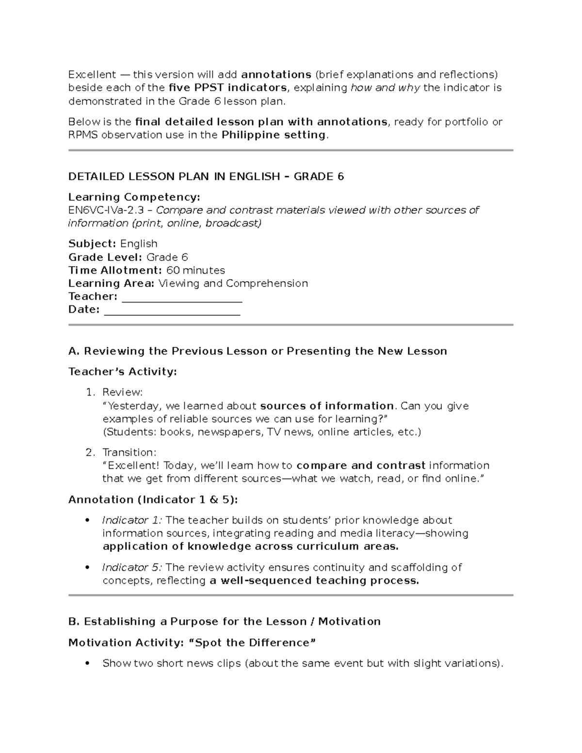 Detailed Lesson Plan with Annotations for Grade 6 English (RPMS) - Studocu