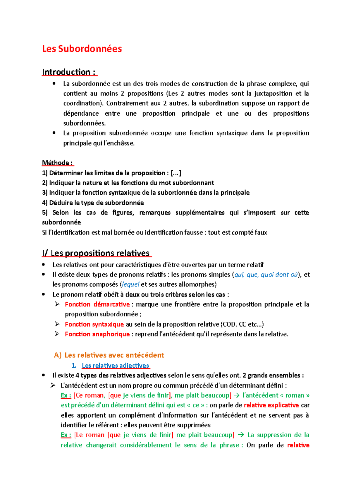 Fiche de Révision - Les Subordonnées en Français - Studocu