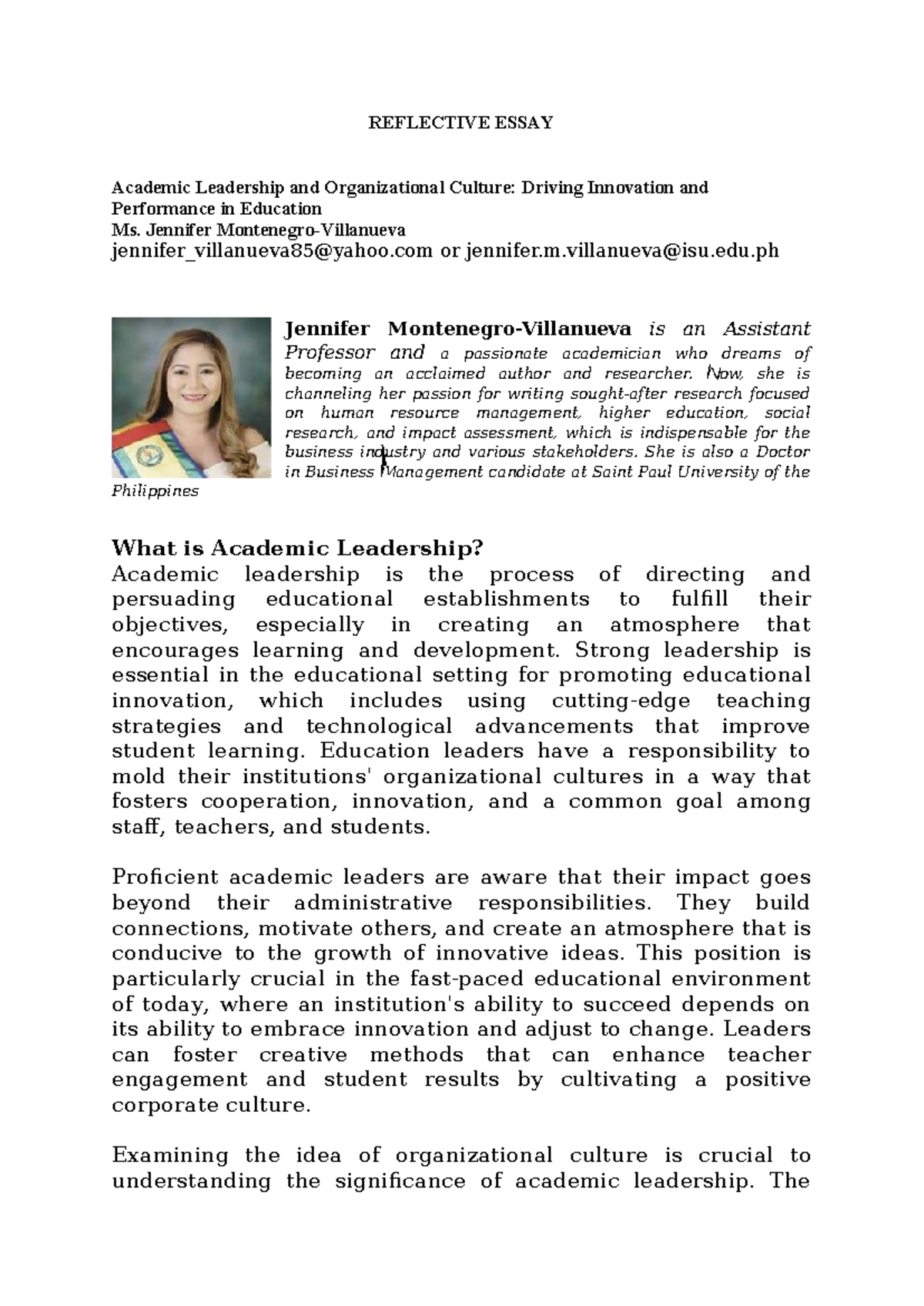 REFLECTIVE ESSAY: Academic Leadership & Org Culture in Education - Studocu