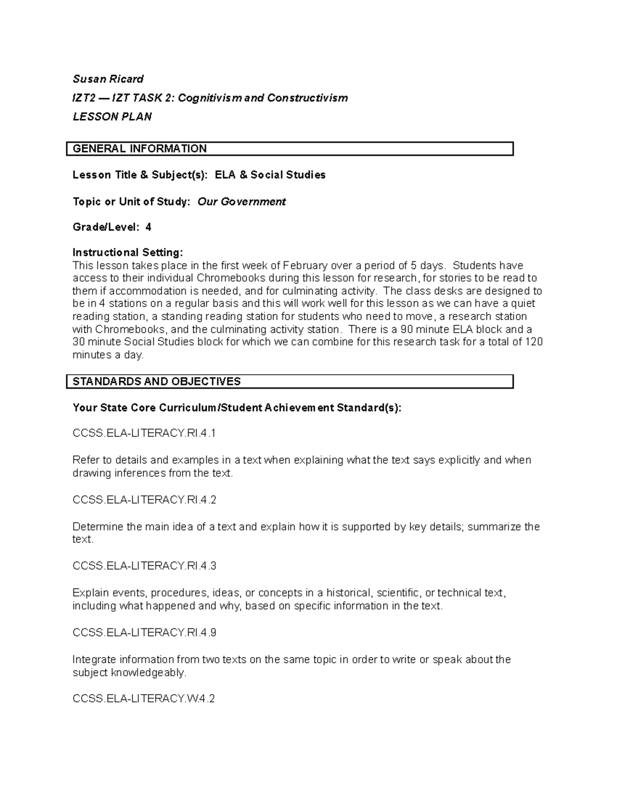 WGU Lesson Plan Task 2 Cognitivism and Constructivism - Susan Ricard ...
