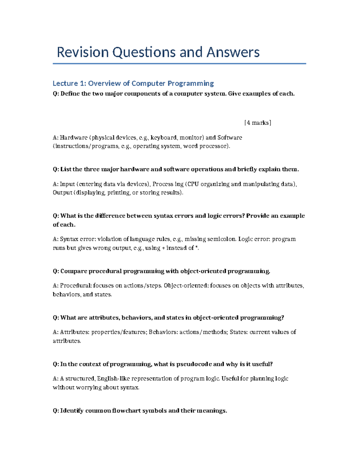 Revision Questions and Answers: Computer Programming Overview (CS101 ...
