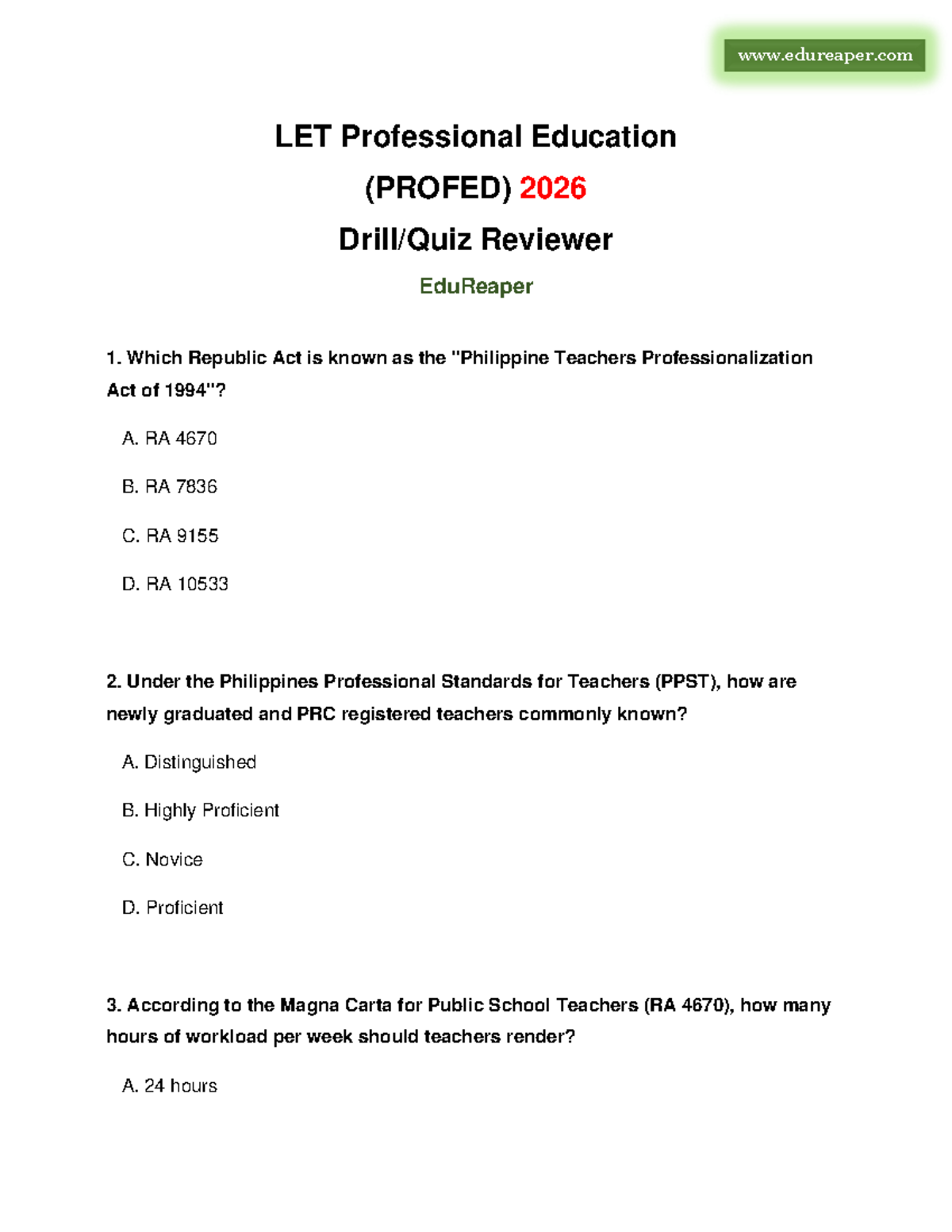 LET Professional Education (PROFED) 2026 Reviewer Answer Key - Studocu