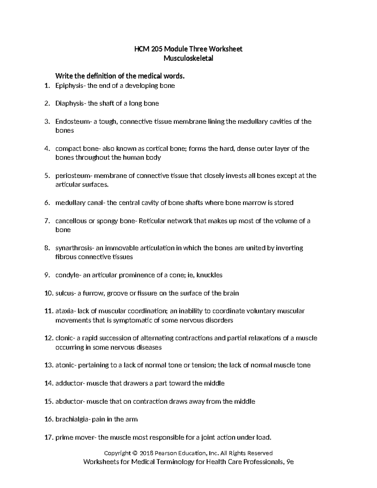 HCM 205 Module Three Worksheet: Musculoskeletal Medical Terms ...