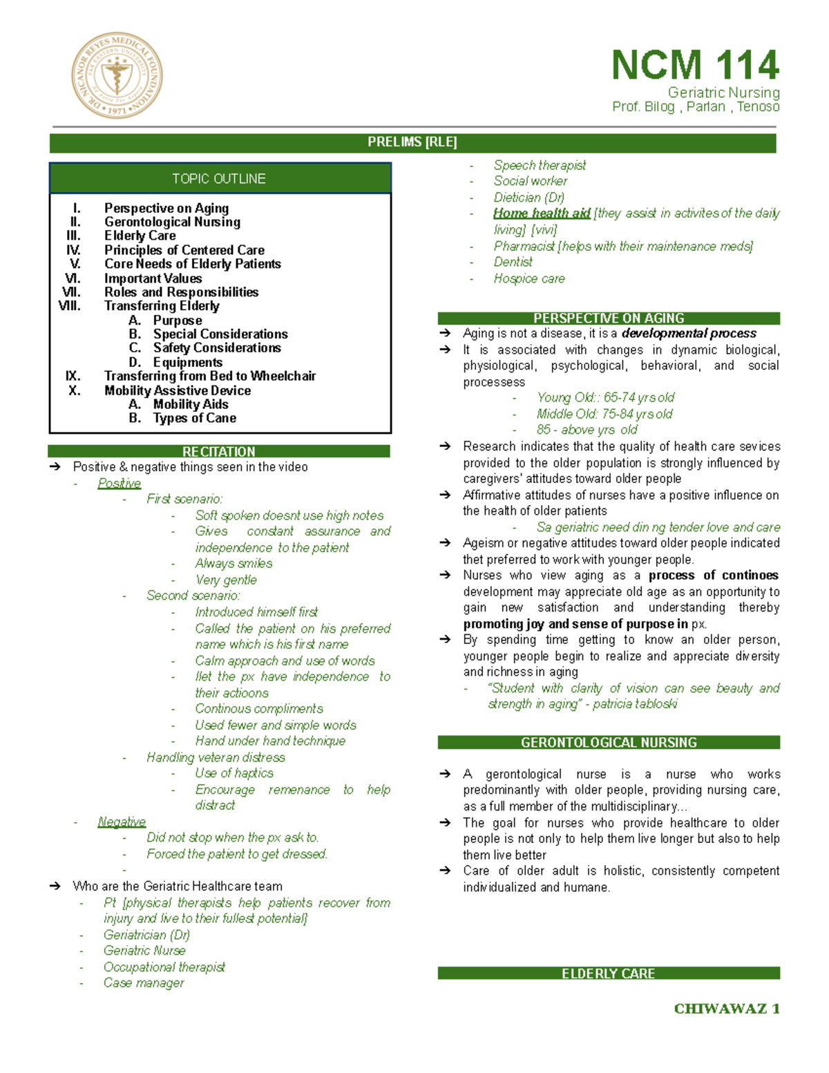 NCM 114 Geriatric Nursing Prelims: Key Topics & Care Principles - Studocu