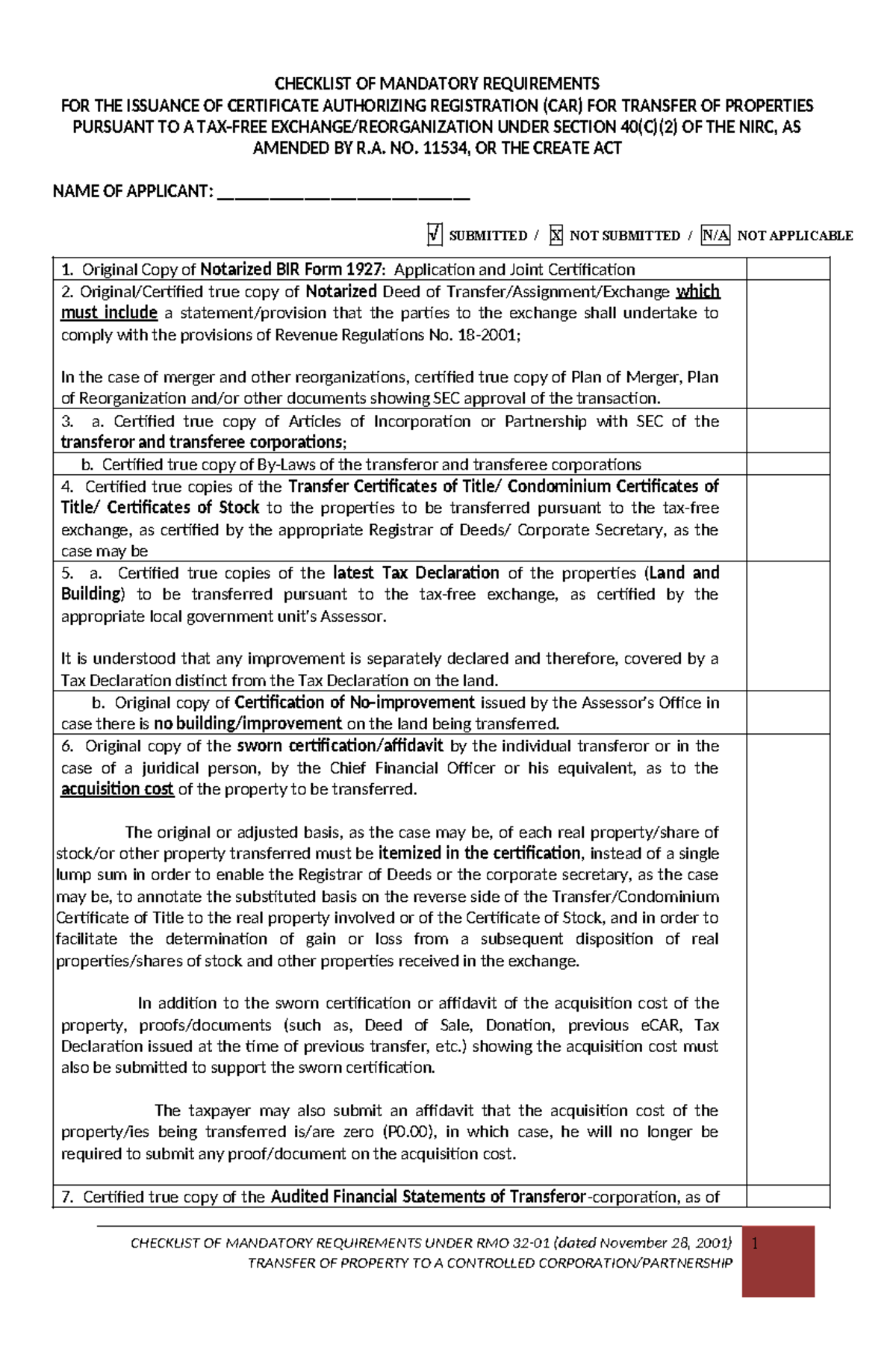S40 Checklist for BIR Tax-Free Exchange - Mandatory Requirements - Studocu