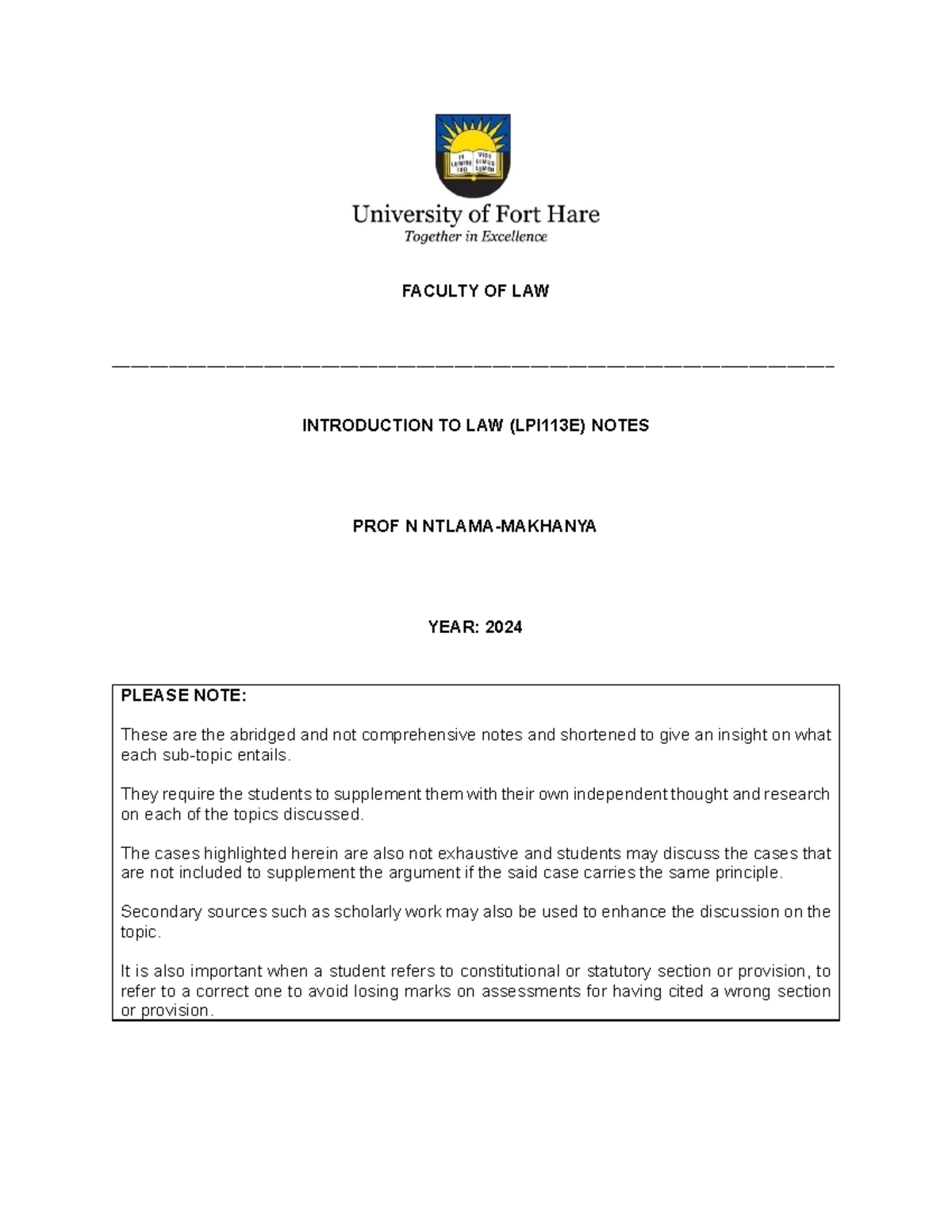 Introduction to Law (LPI113E) Lecture Notes - Year 2024 - Studocu