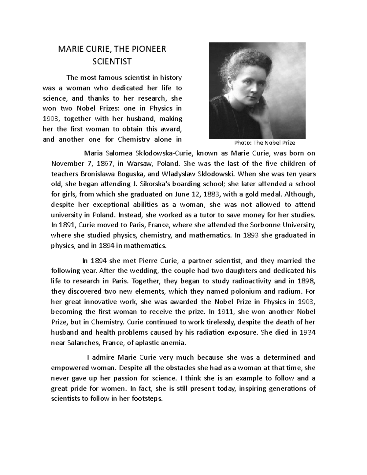 Marie Curie - A Pioneering Woman in Science Biography - Studocu