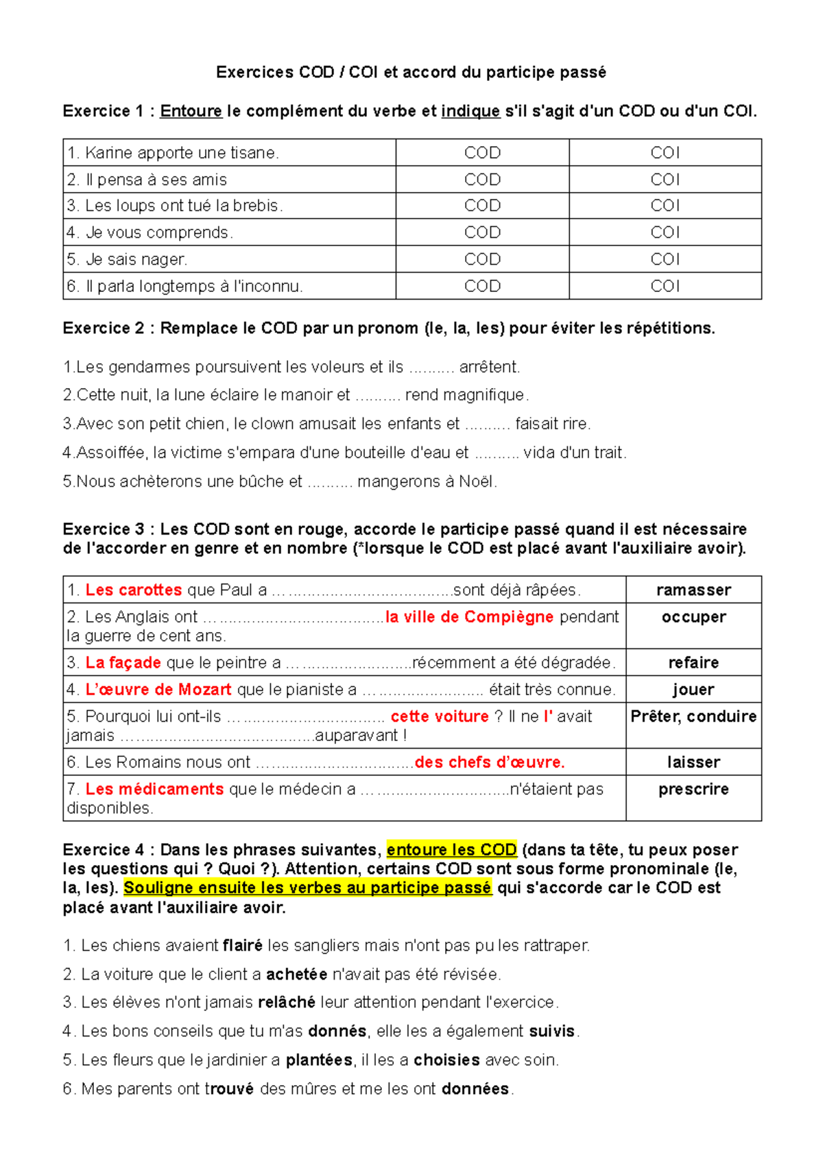Exercices COD/COI et accord du participe passé - Corrigés - Studocu