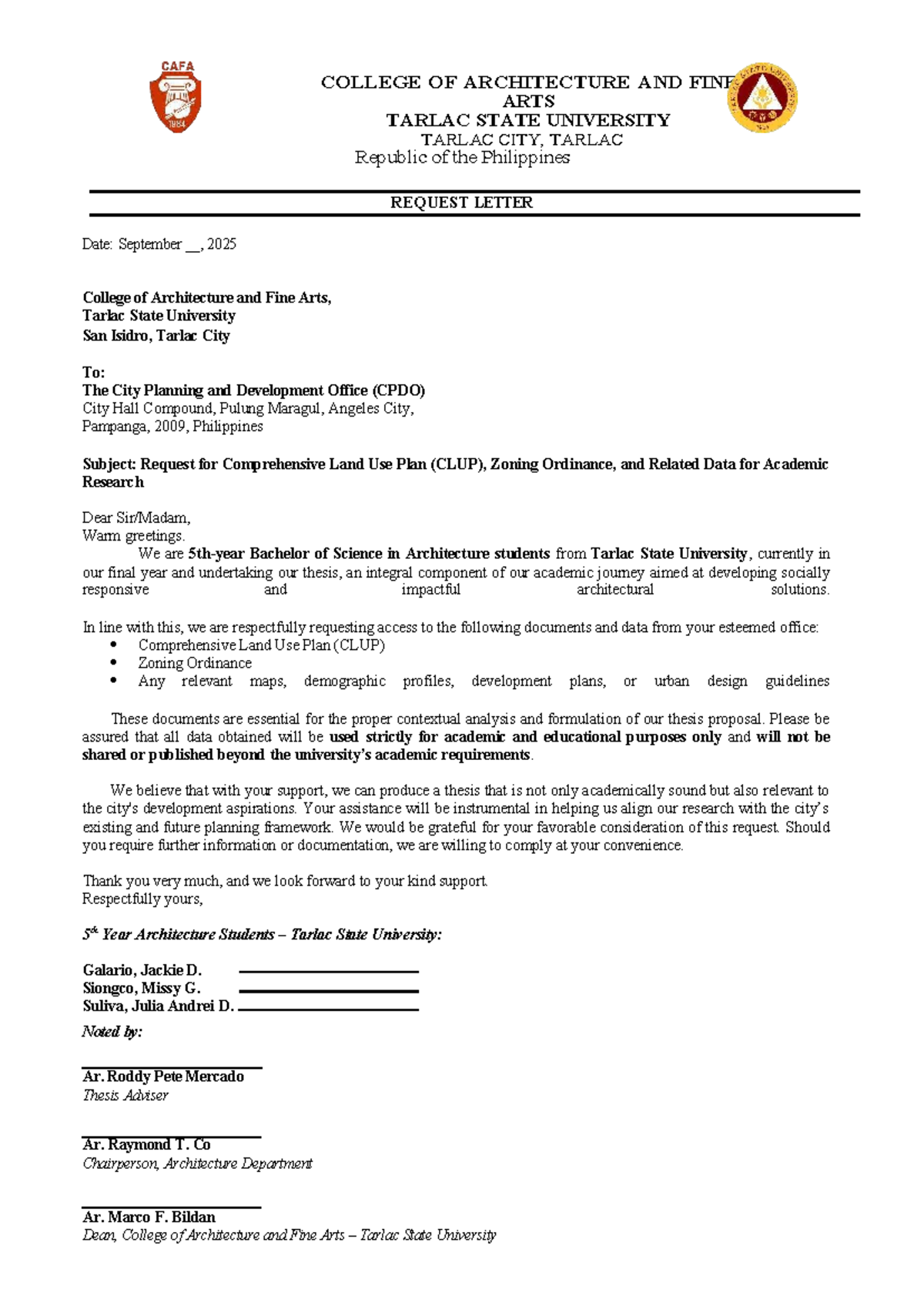 Request Letter for CLUP & Zoning Ordinance - Thesis 5th Year Arch ...