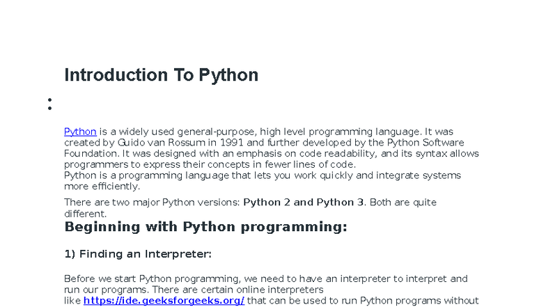 I MSC Python UNIT 1: Introduction to Python Programming - Studocu