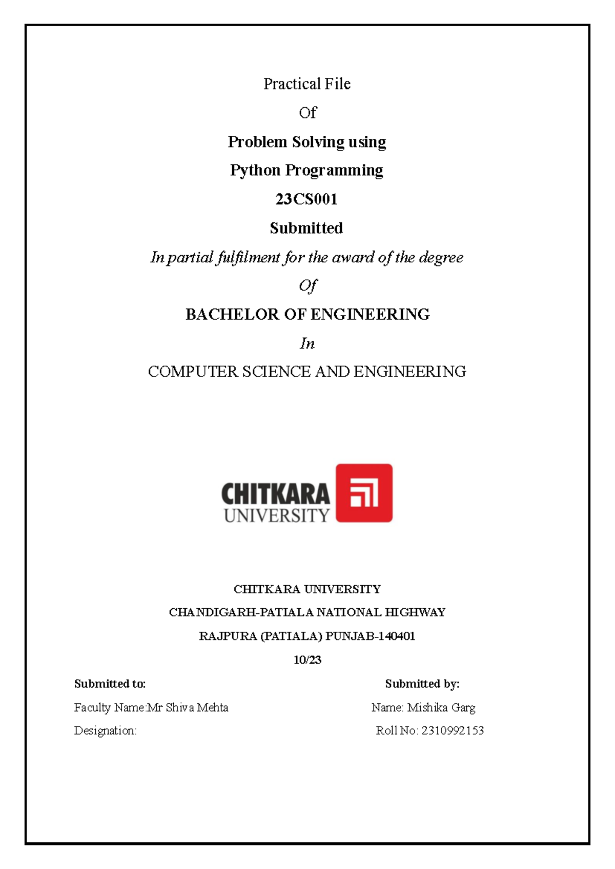 Practical File for Problem Solving Using Python - 23CS - Studocu