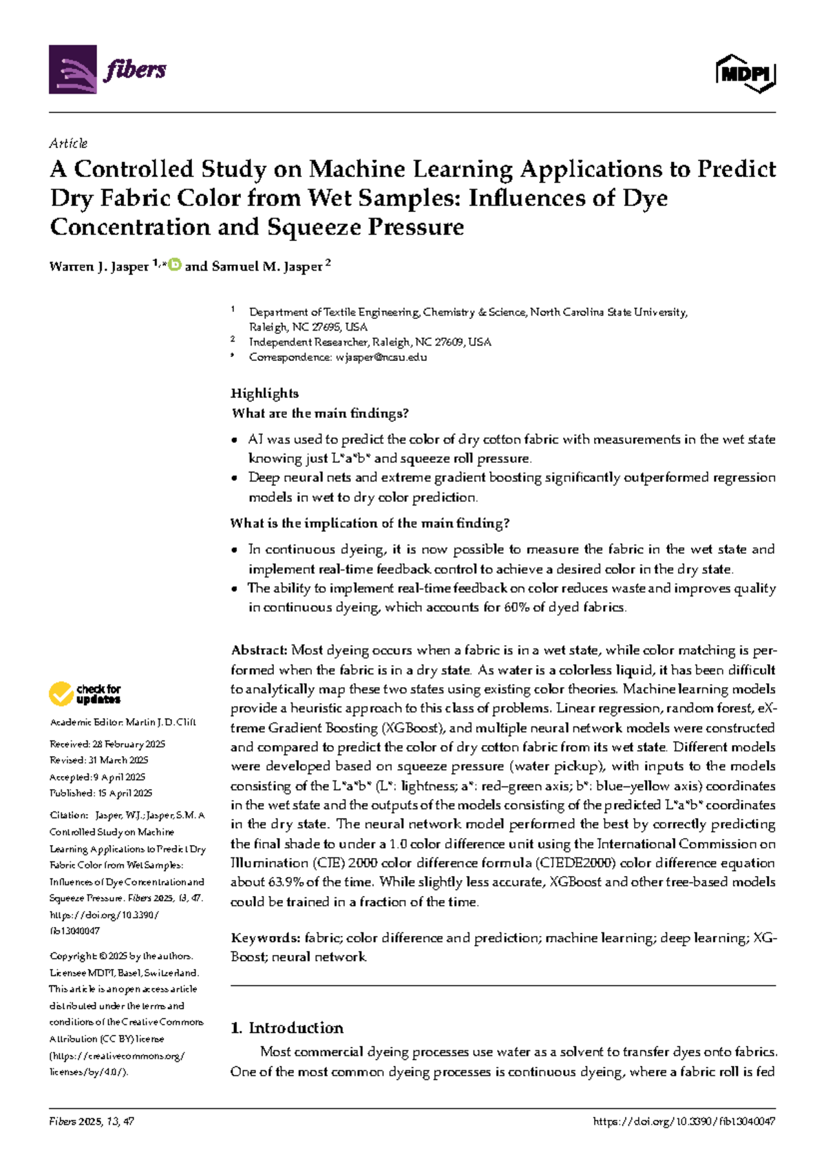 Machine Learning for Predicting Dry Fabric Color from Wet Samples ...