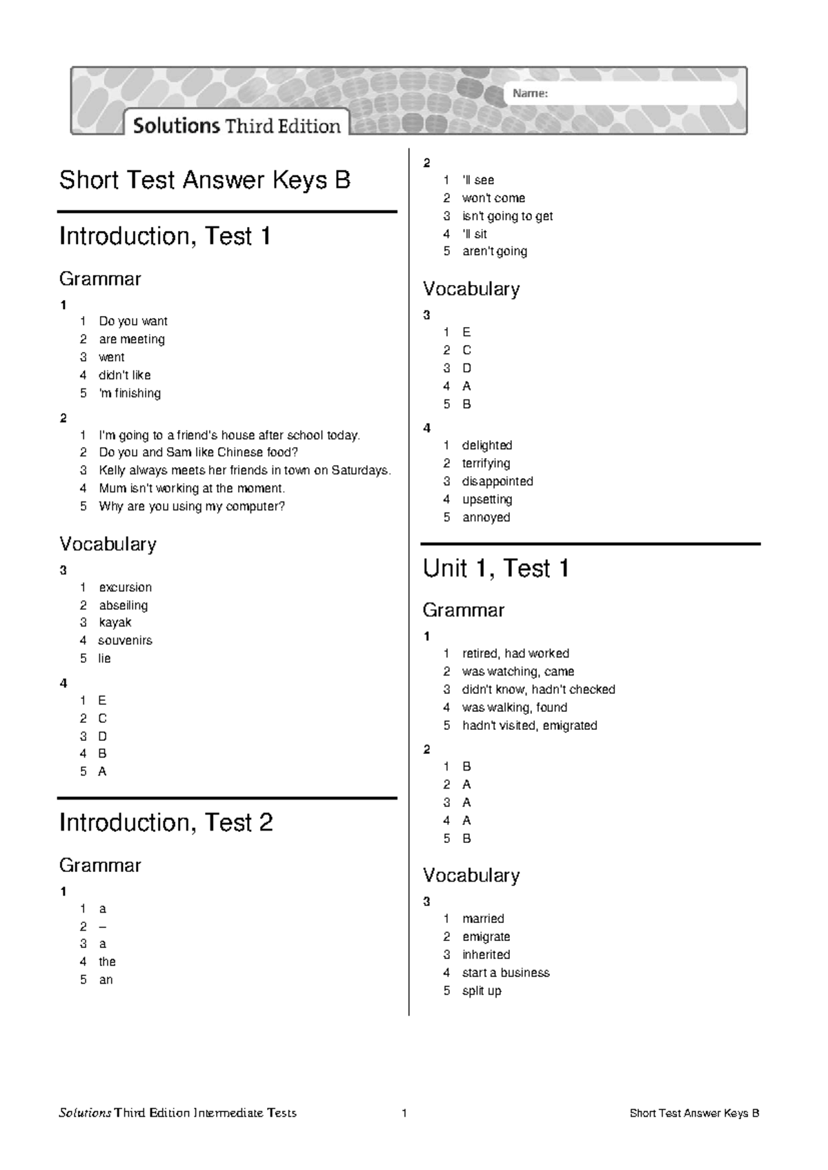 Short Test Answer Keys B: Grammar and Vocabulary Insights - Studocu