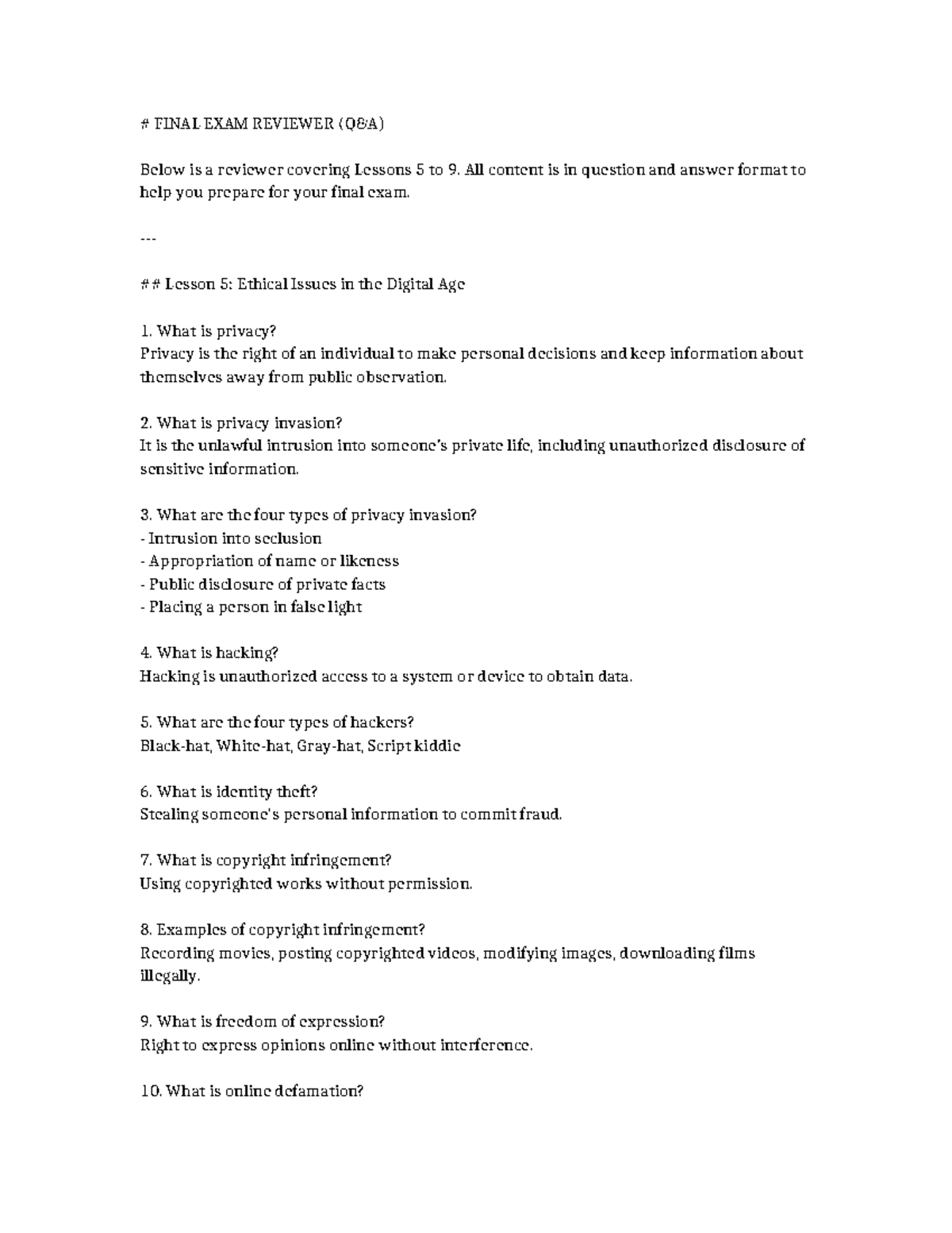 FINAL EXAM REVIEWER: Lessons 5-9 Overview and Key Concepts - Studocu
