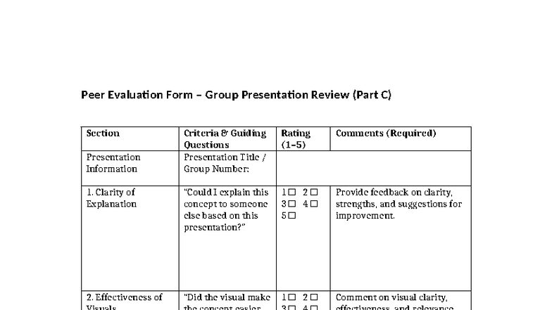 Peer Evaluation Form for Group Presentation Review (Part C) - Studocu