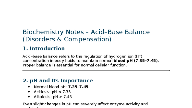 Acid-Base Balance: Disorders & Compensation (Biochemistry, MLT) - Studocu