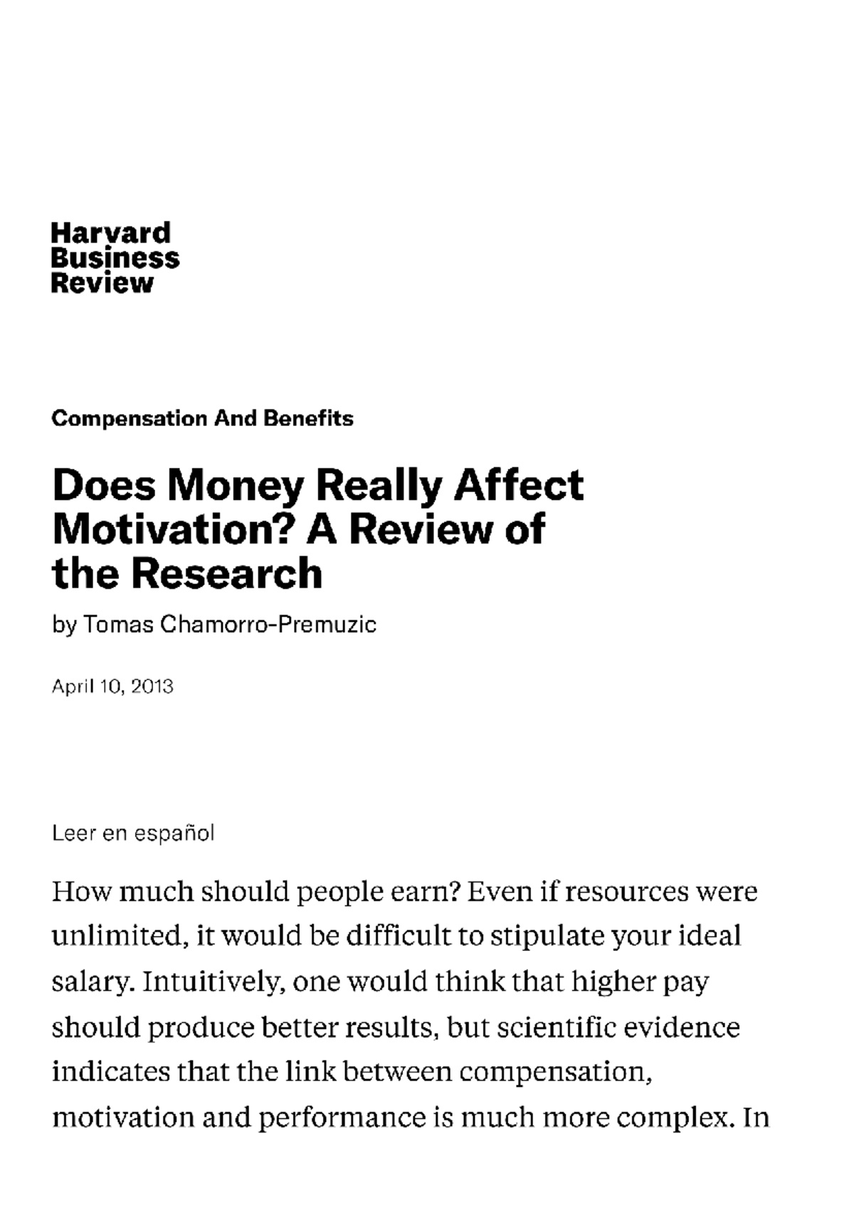 HBR Case Study: Does Money Really Affect Motivation? - Studocu