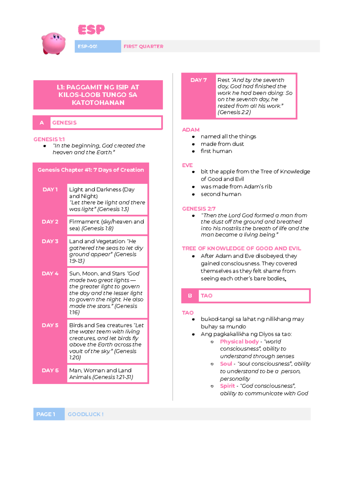 ESP-001: First Quarter Review on Human Existence and Creation - Studocu