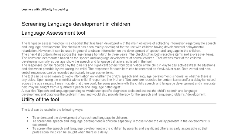 Language Development Screening Checklist for Children with Difficulties ...