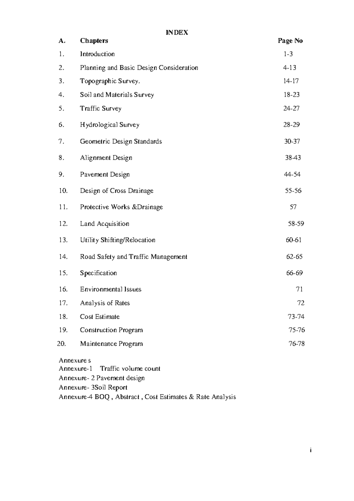 Index - Extensive Survey of Road Design and Planning - Studocu
