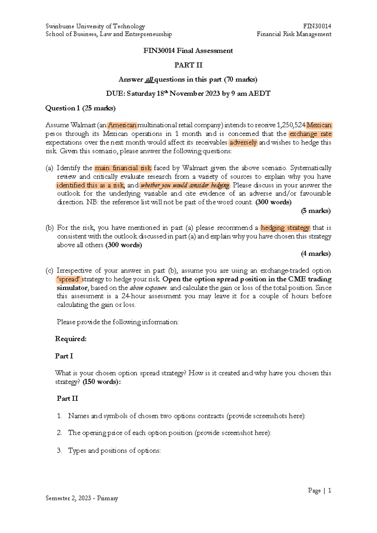 Part II Case study FIN30014 Primary S2 23-1 - School of Business, Law ...