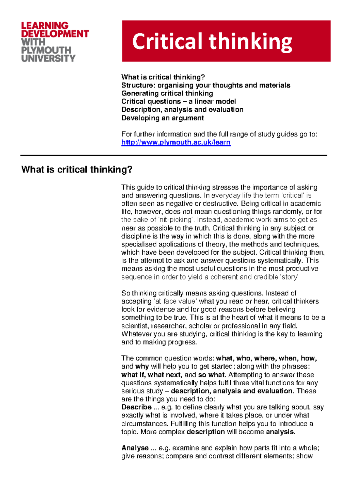 Uo P Critical Thinking guide - What is critical thinking? Structure ...
