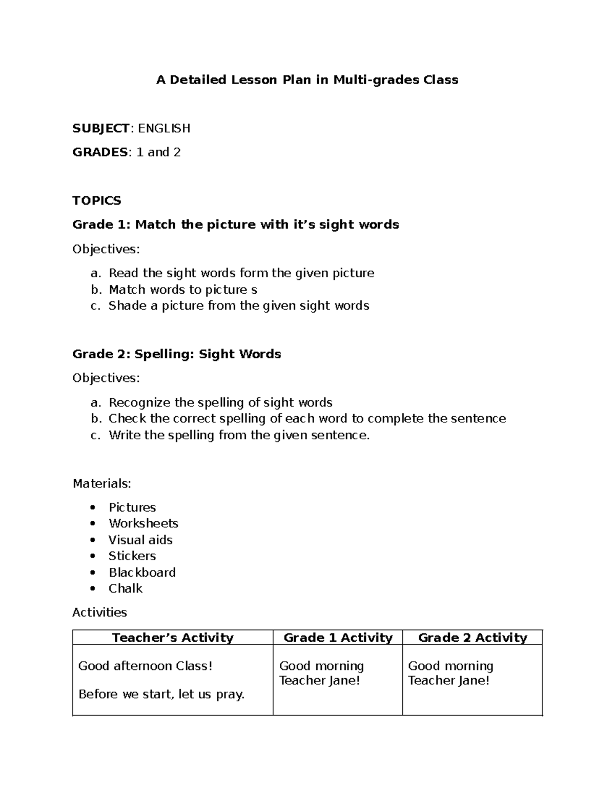 ENG 101 - Detailed Lesson Plan for Multi-grade Class (Grades 1 & 2 ...