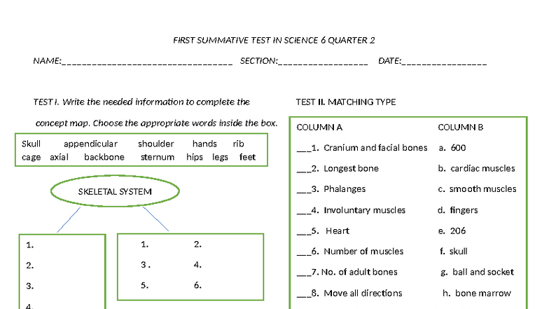 First Summative Test II in Science 6: Matching & Identification - Studocu