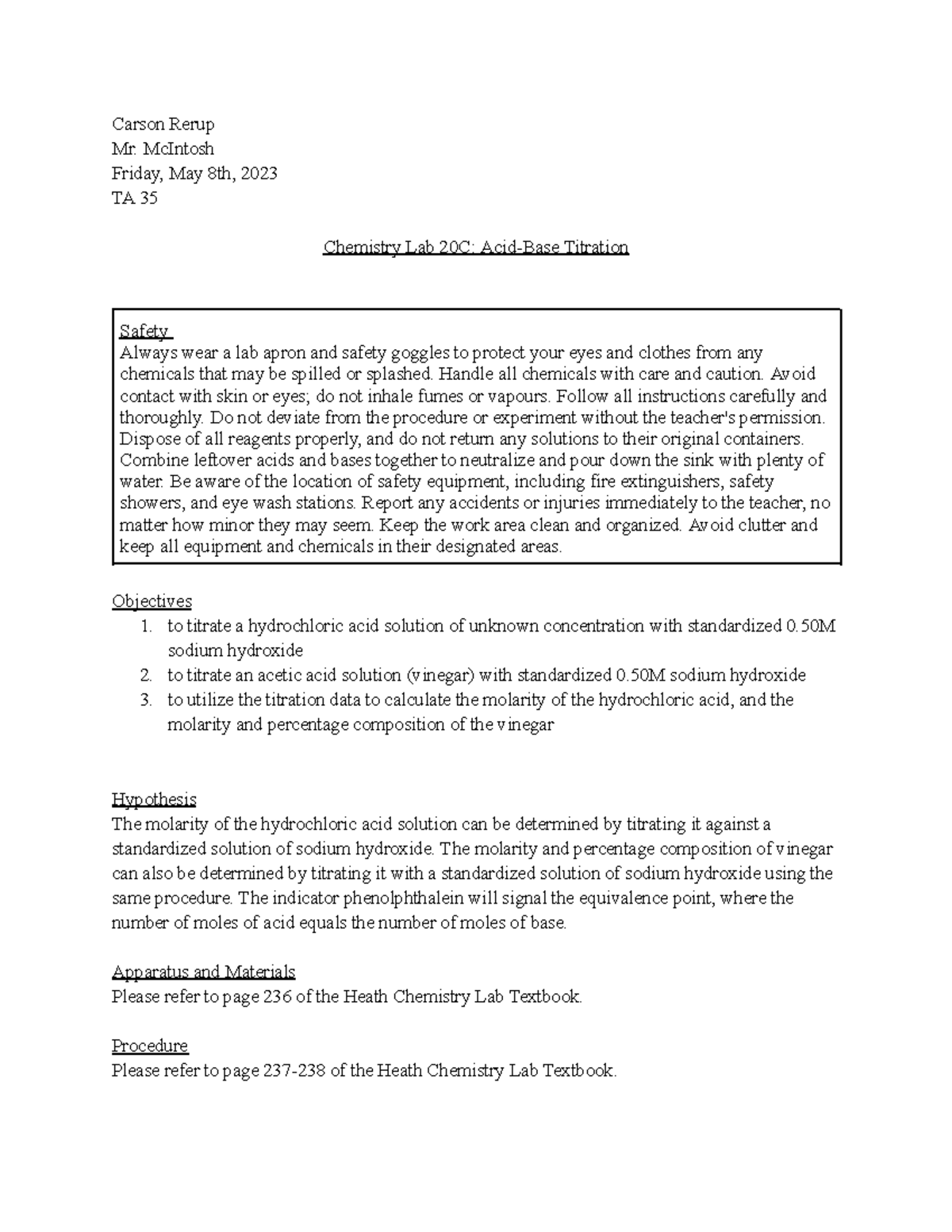 Chemistry Lab 20C: Detailed Acid-Base Titration Analysis - Studocu