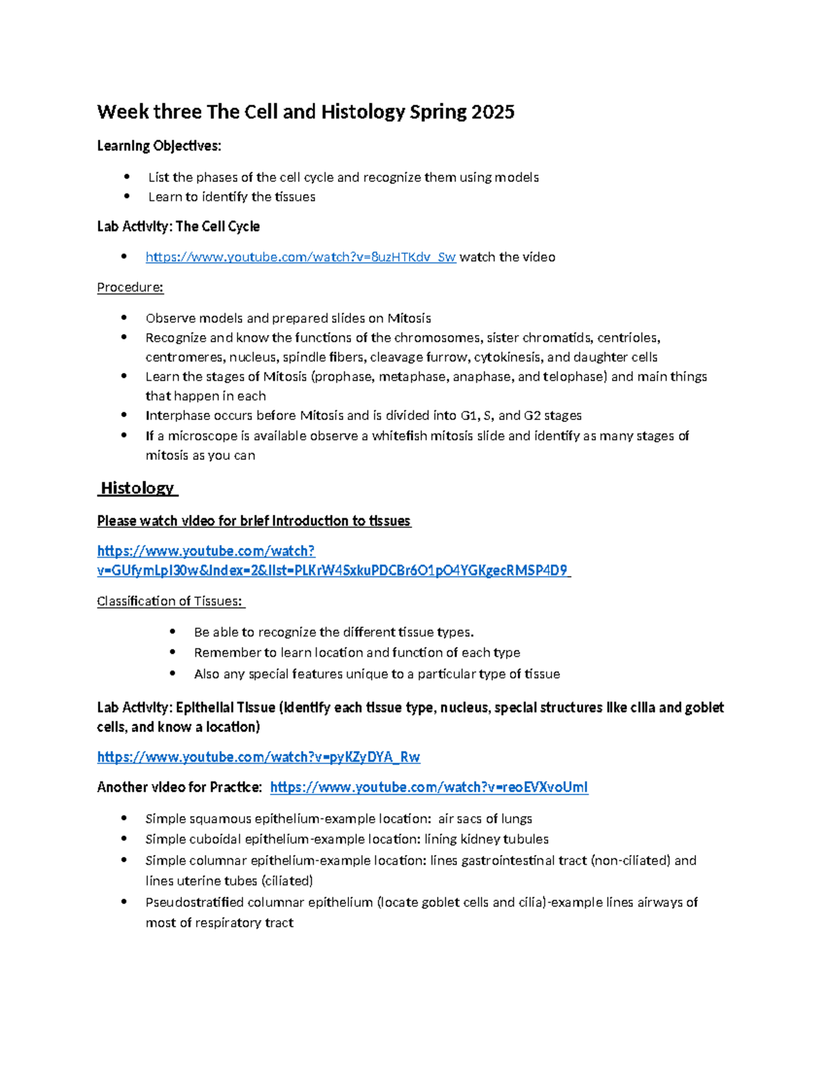 L02 - Histology & Mitosis: Week 3 Learning Objectives & Lab Activities ...