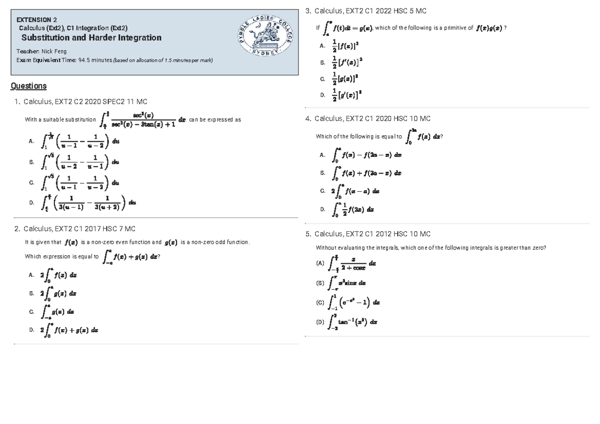 HSC Integration 2 Questions - EXT2 C1 2022 Calculus Exam Prep - Studocu
