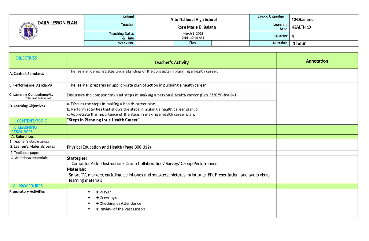 DLP-COT 1-Q4: Health Career Planning Lesson Plan - Studocu