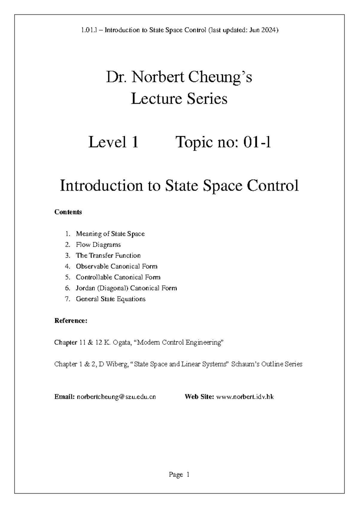 Introduction to State Space Control - Lecture 1-01-l Notes - Studocu