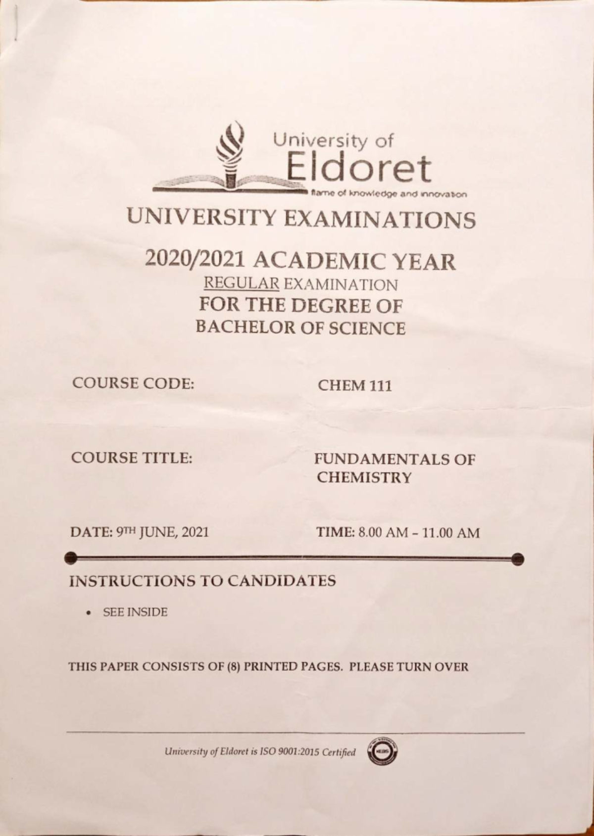 CHEM 111 Final Exam: Fundamentals of Chemistry 2021 - Studocu