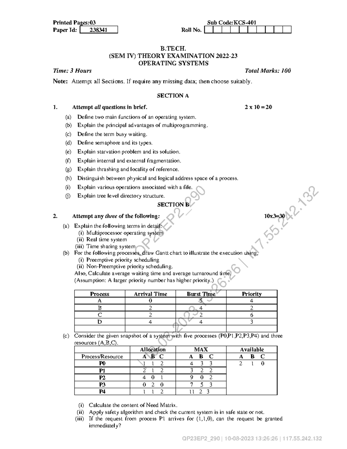OS (B.TECH SEM IV) Theory Exam Question Paper 2022-23 - Studocu