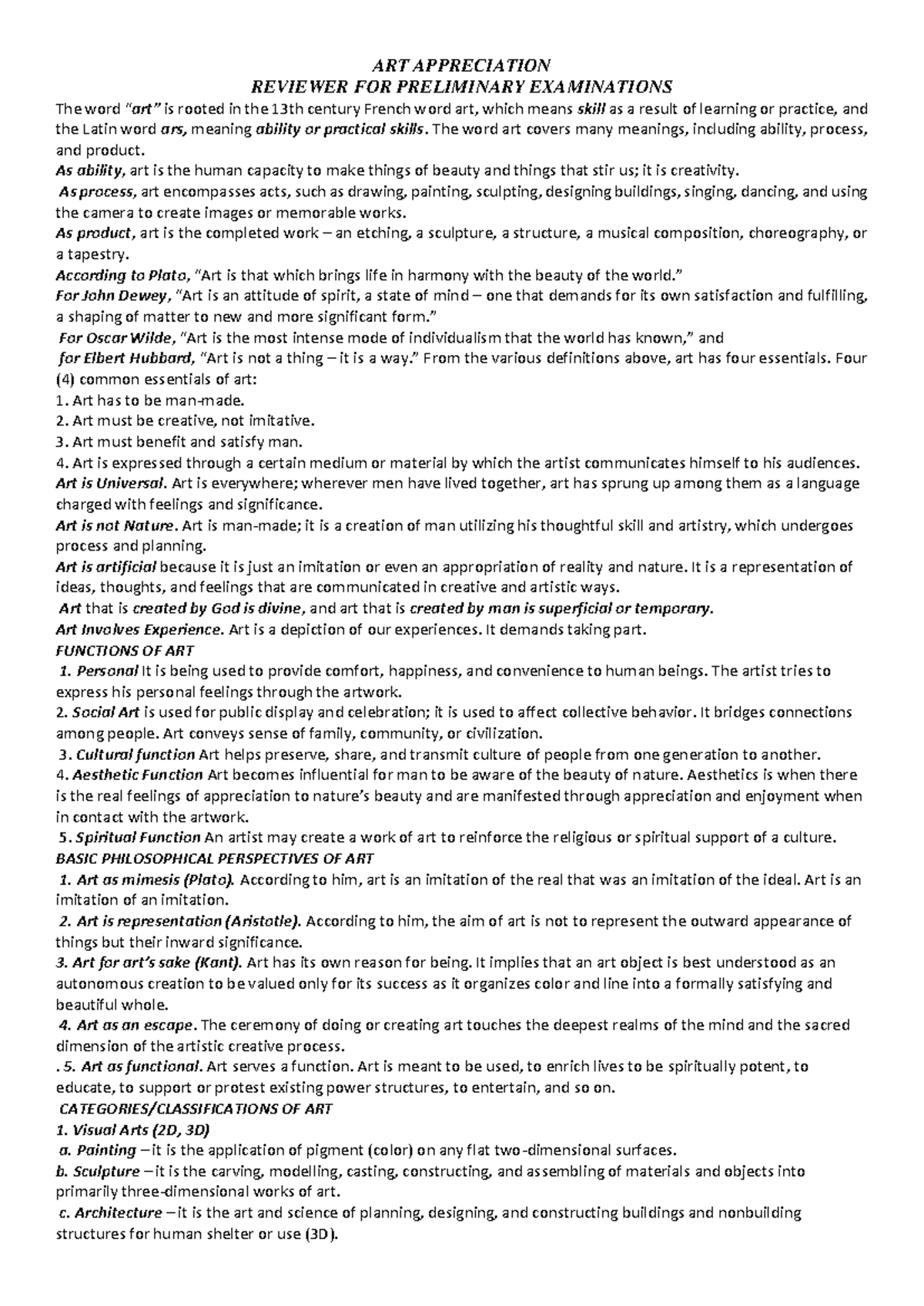 Art Appreciation (ART APP 101) Preliminary Exam Reviewer - Studocu