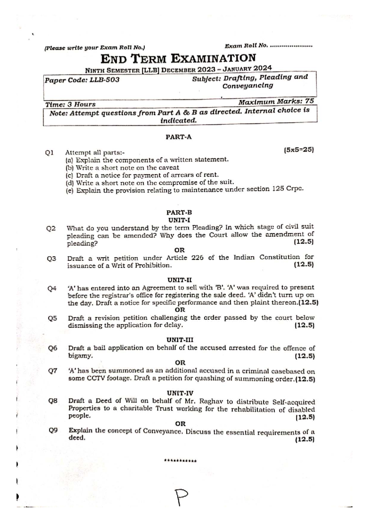 LLB503 Final Exam: Drafting, Pleading & Conveyancing PYQs (Dec 2023) - Studocu