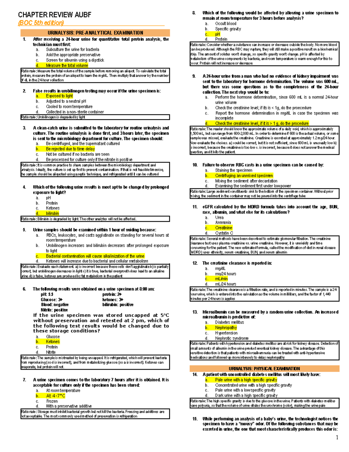 AUBF CHAP REVIEW - CHAPTER REVIEW AUBF (BOC 5th edition) URINALYSIS: PRE-ANALYTICAL EXAMINATION ...