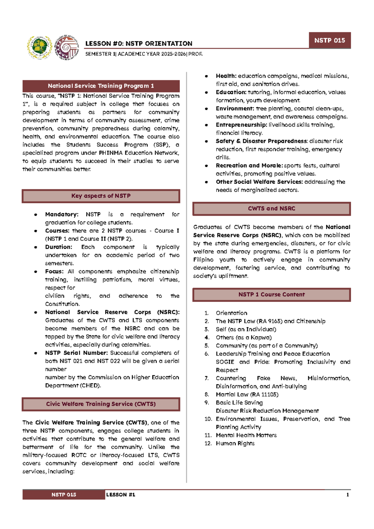 NSTP 015 LESSON: NSTP Orientation and Community Engagement Overview ...